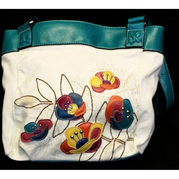 Strada | Bags | Strada Cream Cotton Purse Vinyl Teal Double Handle ...